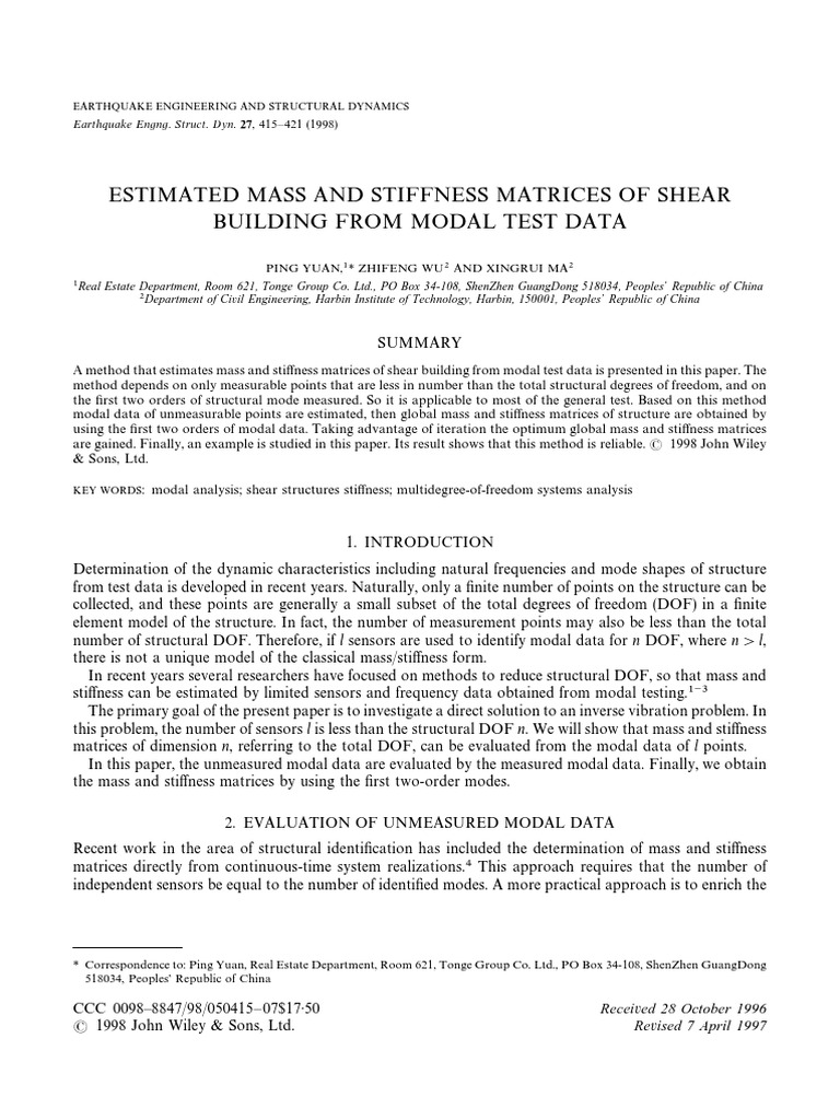 Estimating Mass and Stiffness Matrices of a Shear Building from ...