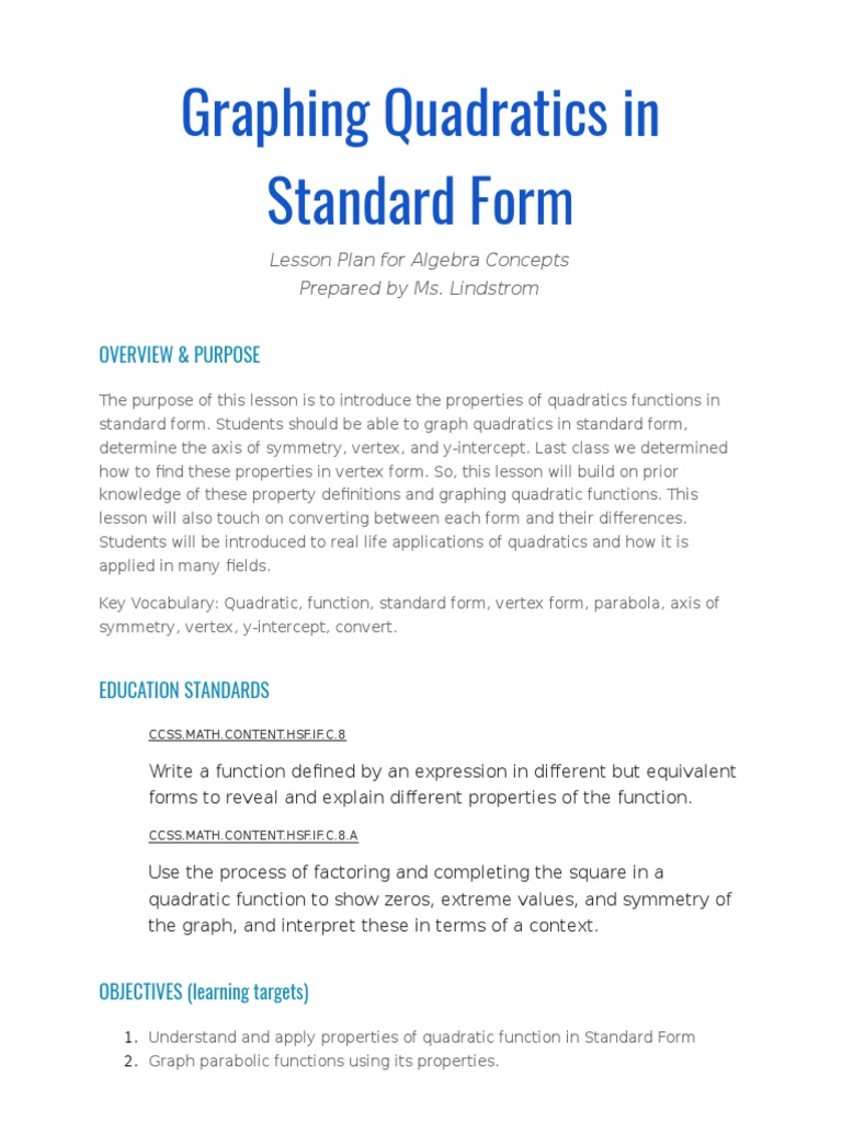 Lesson Plan-Graphing Quadratics in Standard Form | PDF | Algebra ...