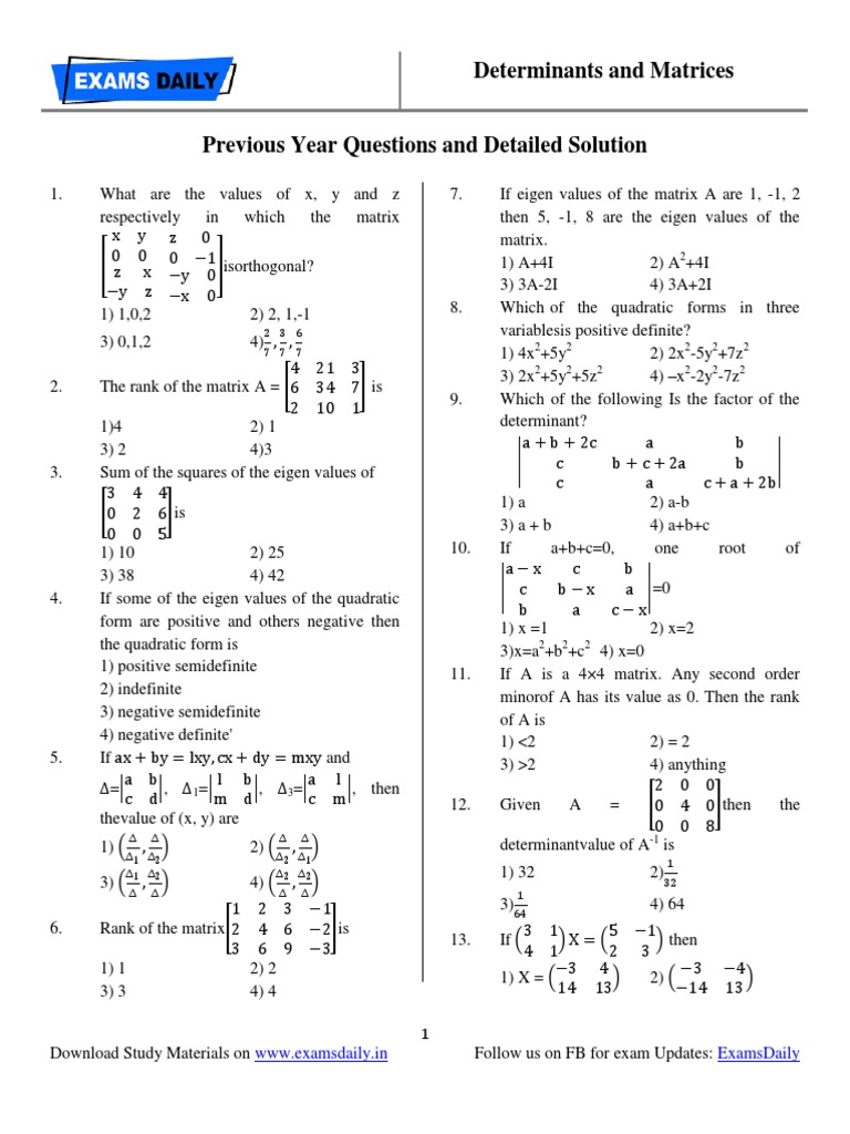 Determinants and Matrices Previous Year Questions With Answer | PDF | Determinant | Matrix ...