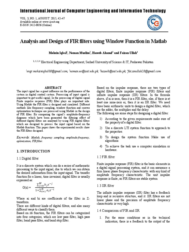 Analysis And Design Of Fir Filters Using Window Function In Matlab Pdf Applied Mathematics