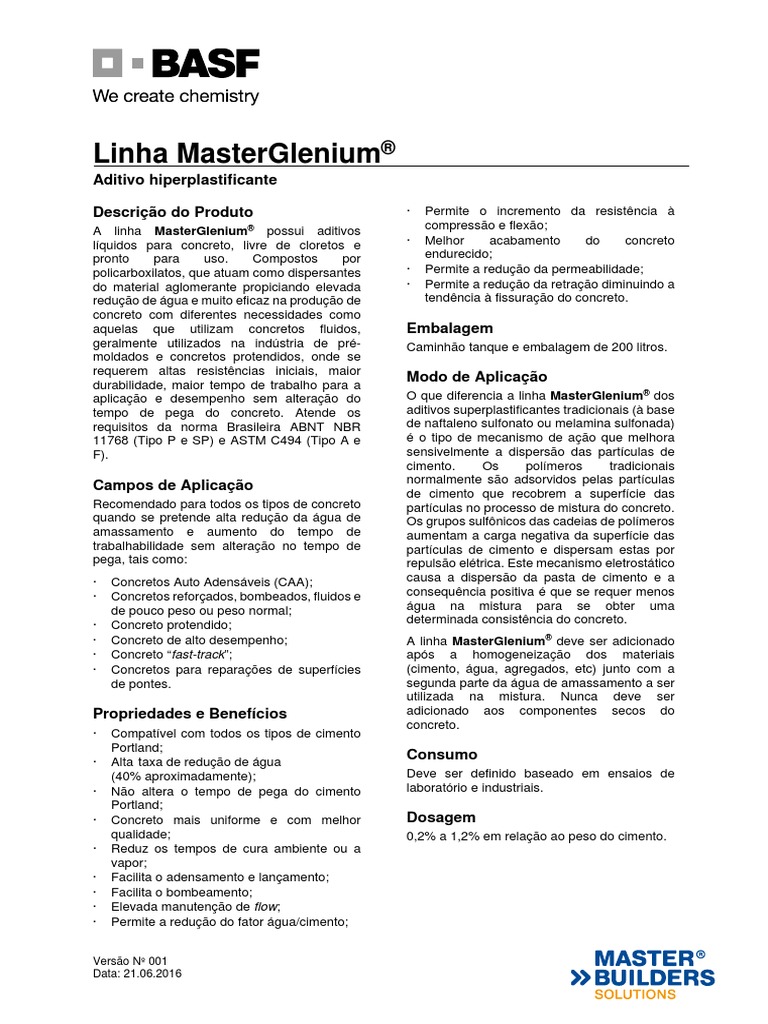 Ficha Tecnica Masterglenium | PDF | Cimento | Concreto