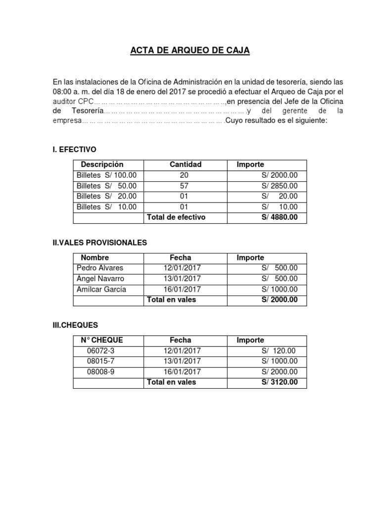 Acta de Arqueo de Caja | PDF | Cheque | Dinero