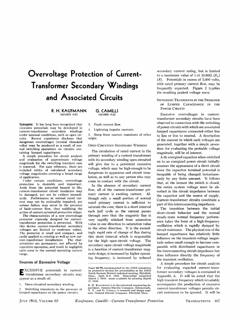 1943 Overvoltage Protection Of Current Transformer Secondary Windings And Associated Circuits