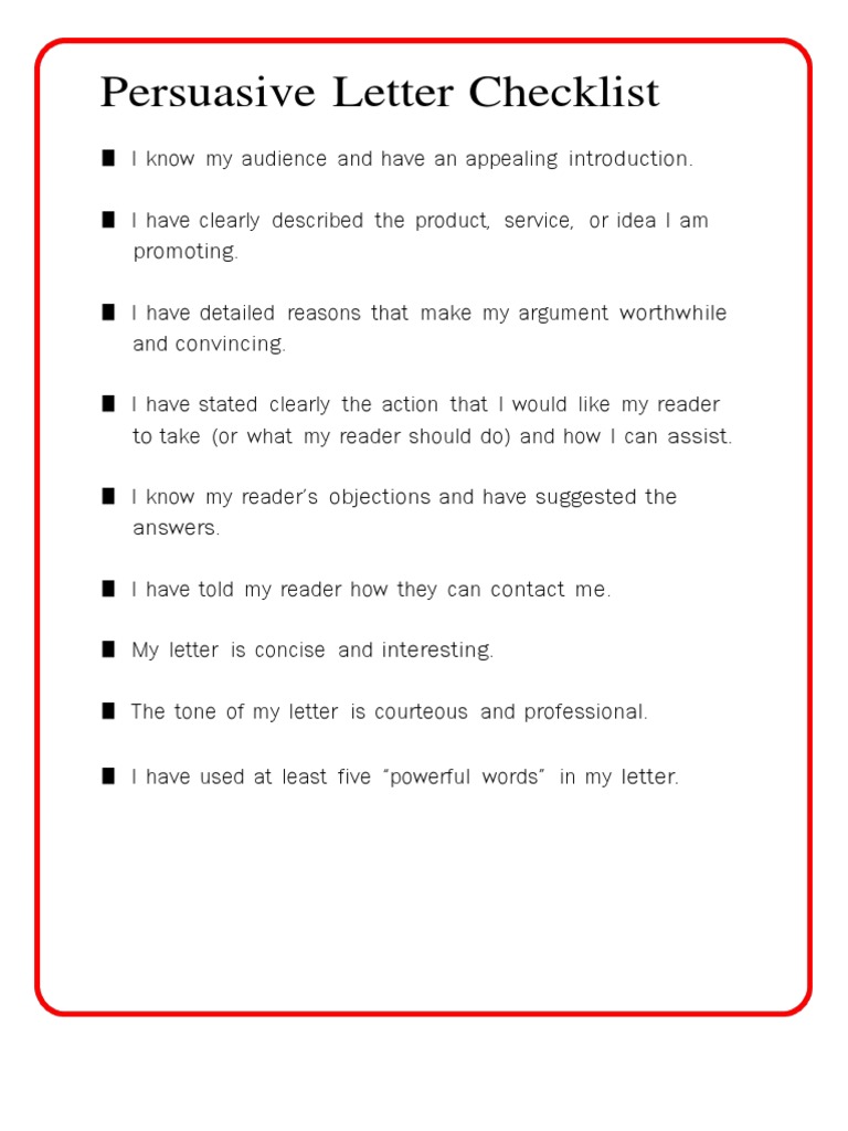 Persuasive Letter Writing Checklist | PDF