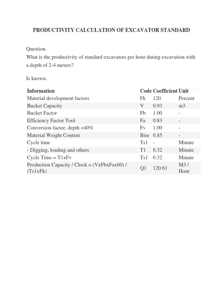 Productivity Calculation of Excavator Standard | PDF | Nature
