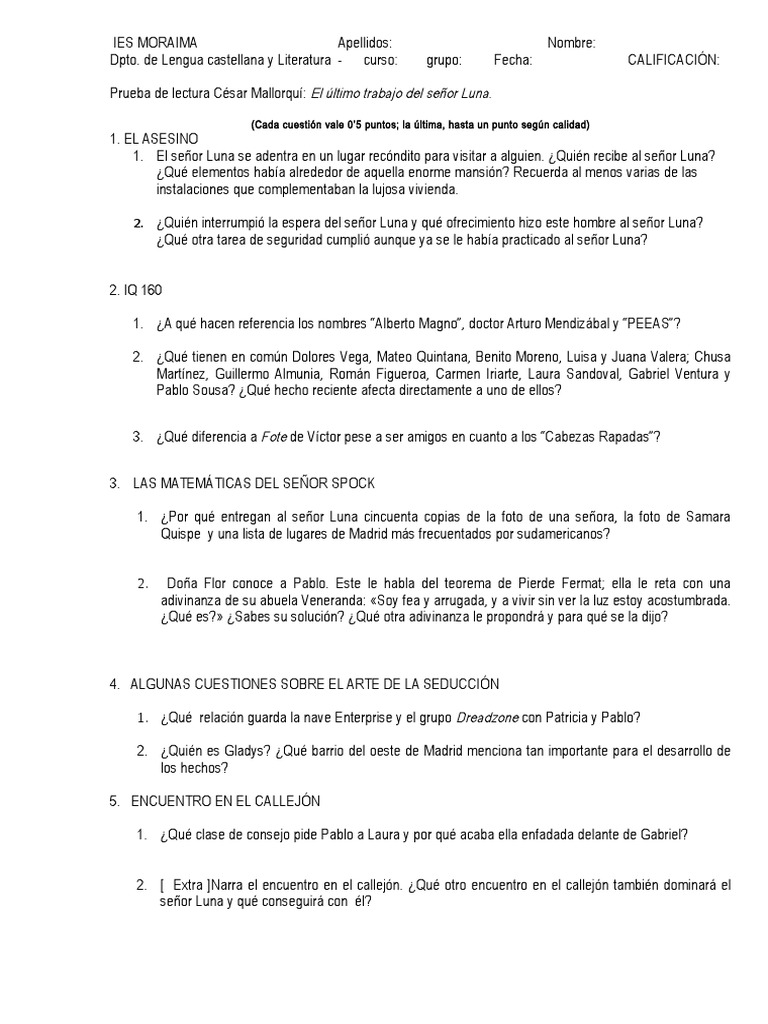 Examen sobre "El último trabajo del señor Luna" | PDF | Ocio