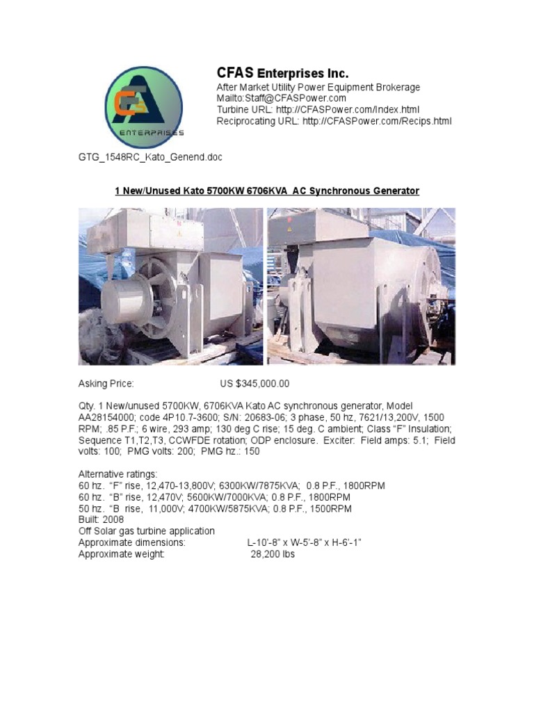 Enterprises Inc.: 1 New/Unused Kato 5700KW 6706KVA AC Synchronous ...