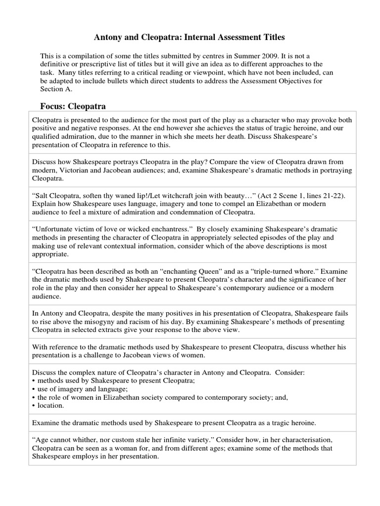 Antony and Cleopatra Internal Assessment Titles | PDF | Tragedy ...