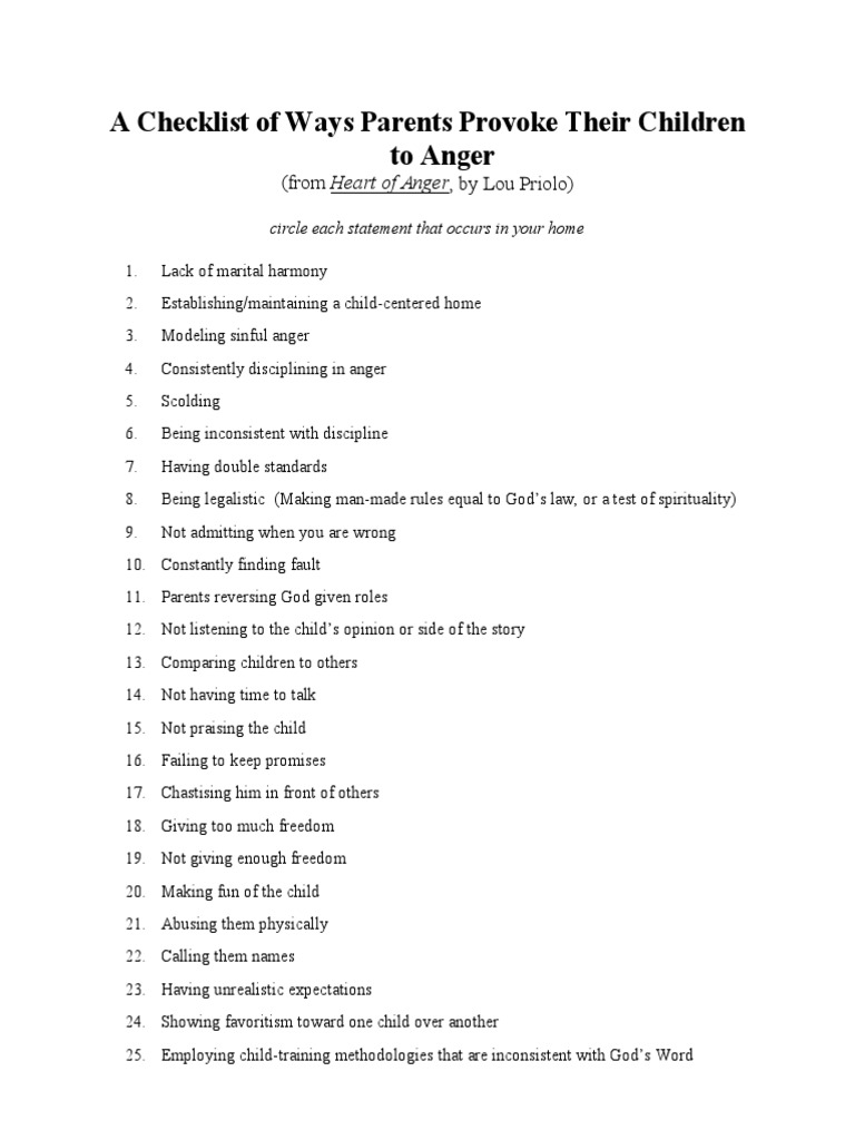 A Checklist of Ways Parents Provoke Their Children To Anger | PDF