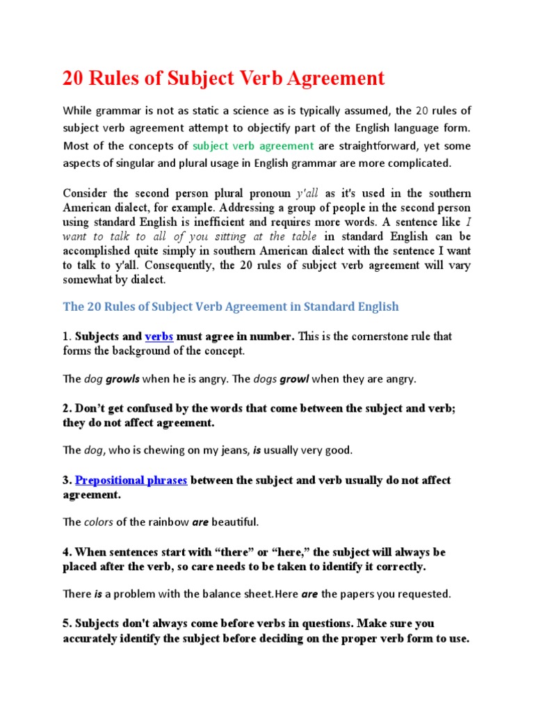 20 Rules of Subject Verb Agreement | PDF | Grammatical Number | English ...