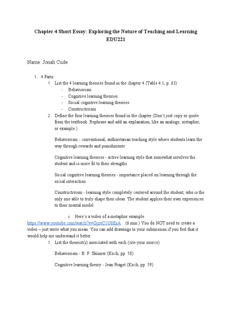 Chapter 4 Short Essay Exploring The Nature of Teaching and Learning | Download Free PDF ...