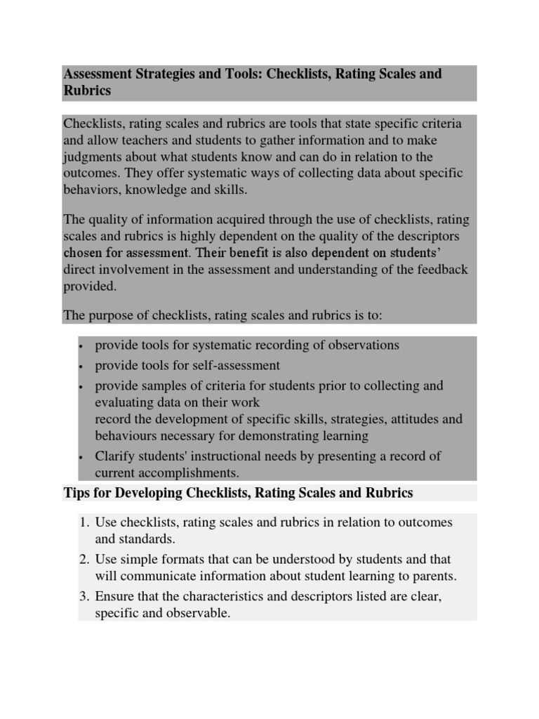 Assessment Tools: Checklists, Scales, Rubrics | PDF | Rubric (Academic ...