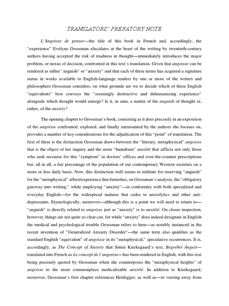 Translators' Prefatory Note To Evelyne Grossman's Anguish of Thought ...