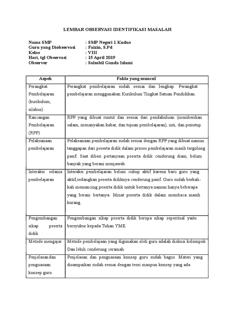 Lembar Observasi Identifikasi Masalah | PDF