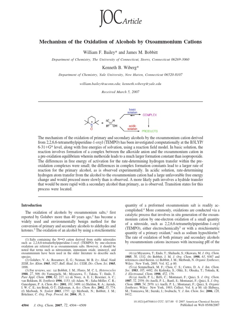Mechanism of The Oxidation of Alcohols by Oxoammonium Cations | PDF ...