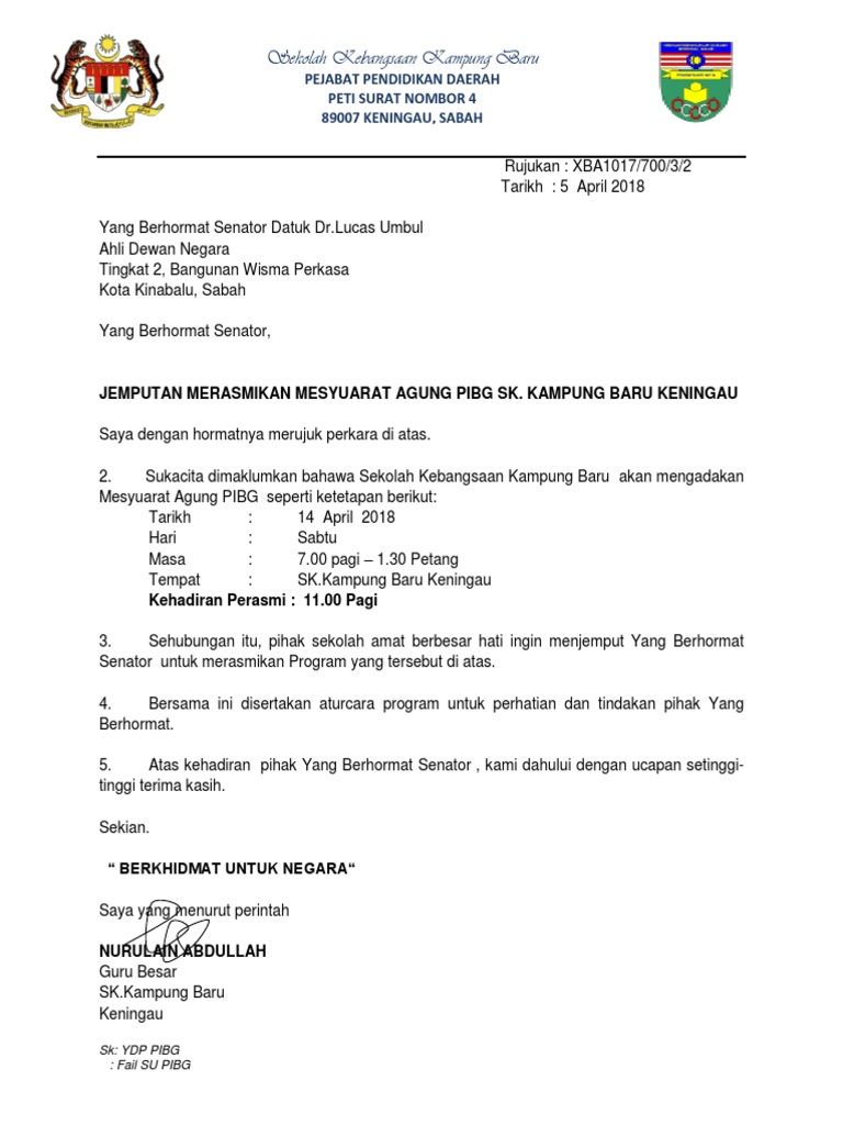 Surat Jemputan Perasmi Mesyuarat Pibg | PDF