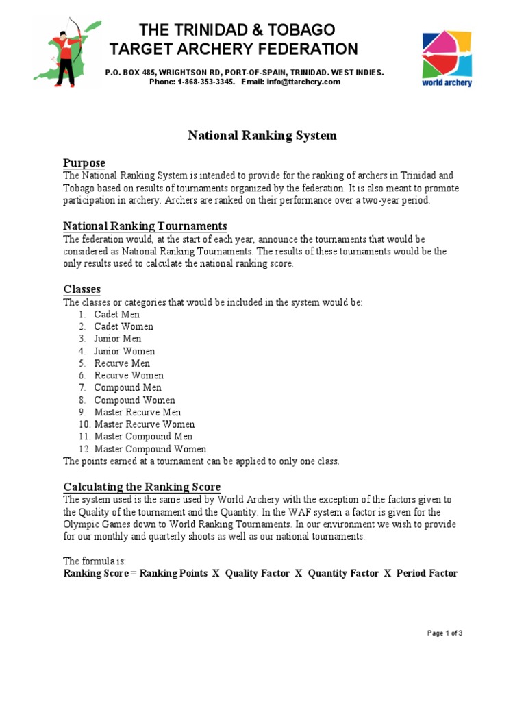 Trinidad & Tobago Archery Rankings System | PDF | Archery | Marksmanship
