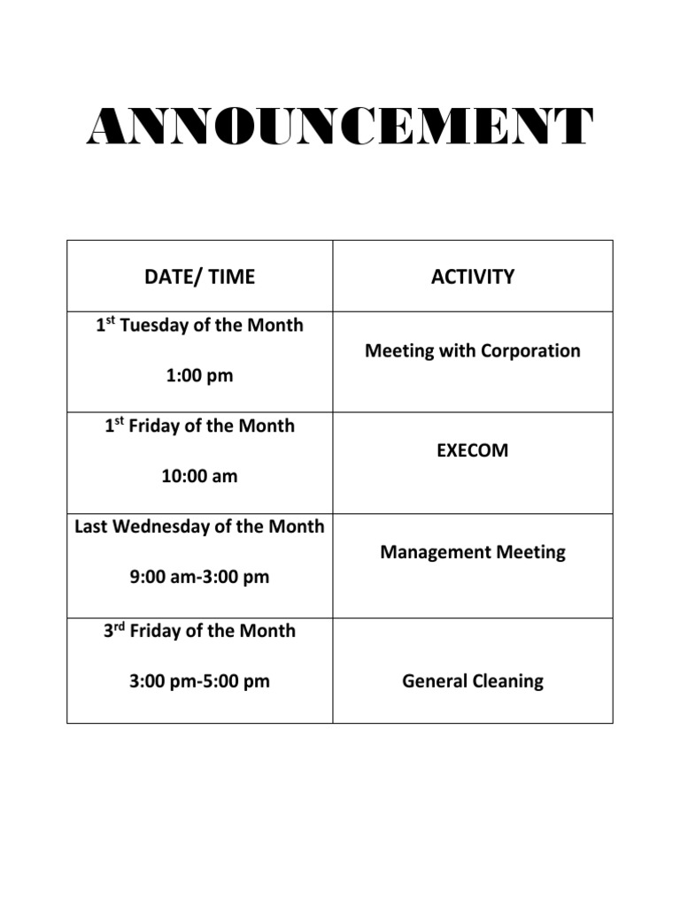 Announcement: Date/ Time Activity | PDF