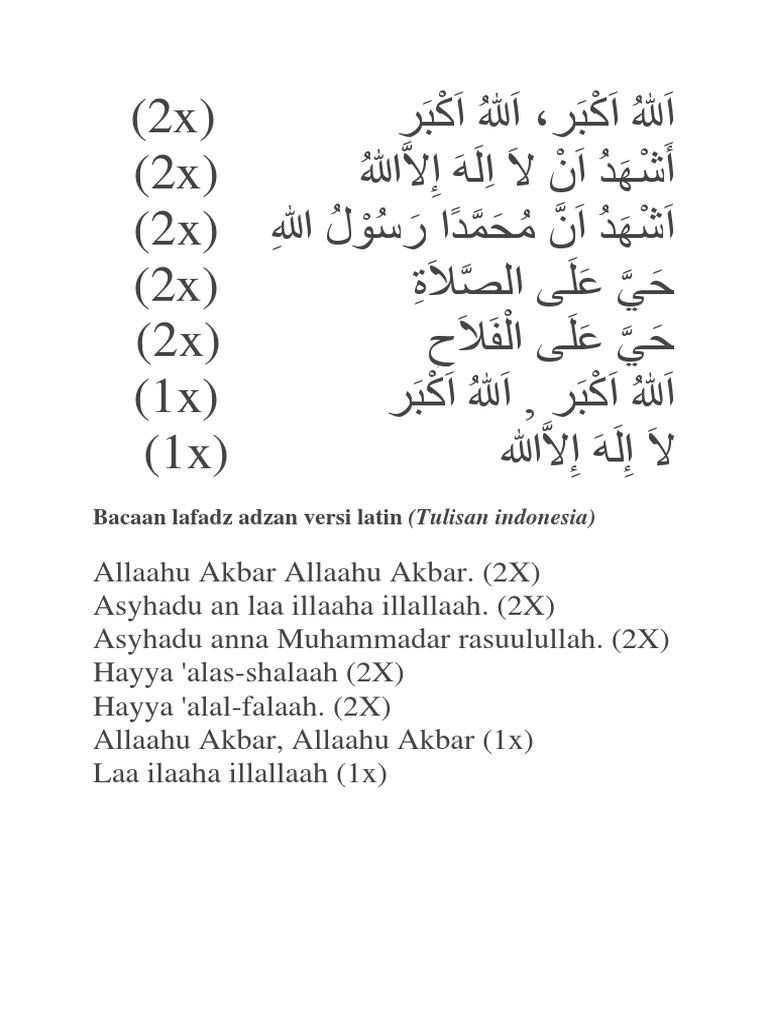 Bacaan Lafadz Adzan Versi Latin (Tulisan Indonesia) | PDF | Foreign ...