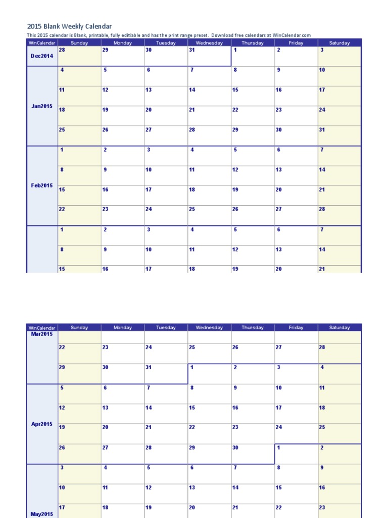 2015 Blank Weekly Calendar: Sunday Monday Tuesday Wednesday Thursday ...