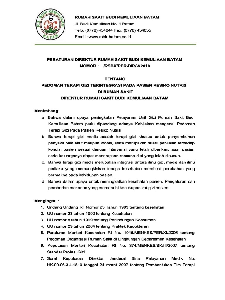SK Pedoman Terapi Gizi Terintegrasi Pada Pasien Resiko Nutrisi | PDF
