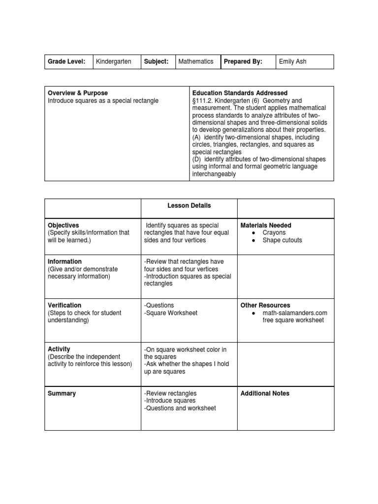 Square Lesson Plan | PDF | Shape | Rectangle