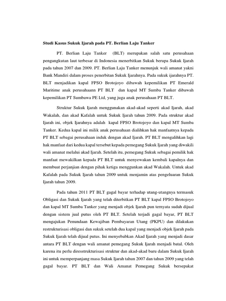 Analisis Sukuk Ijarah PT BLT dan Restrukturisasi | PDF | Bisnis | Pengelolaan Keuangan & Uang