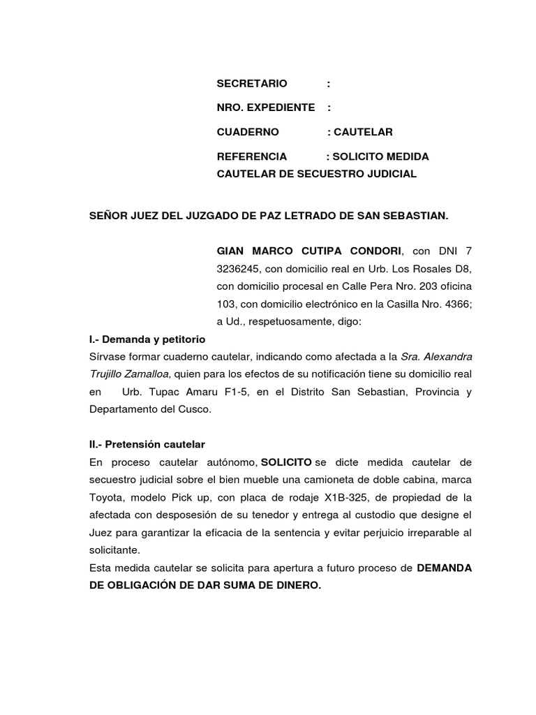 Modelo de Solicitud Cautelar de Secuestro Judicial | PDF | Pagaré | Mandato