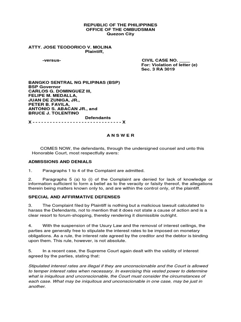 Answer To Complaint Rev.1 | Download Free PDF | Lawsuit | Interest