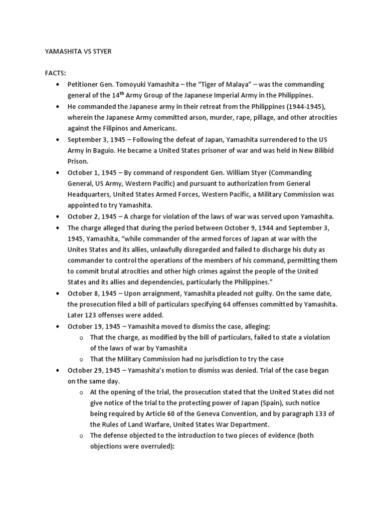 Yamashita Vs Styer | PDF | War Crime | Law Of War