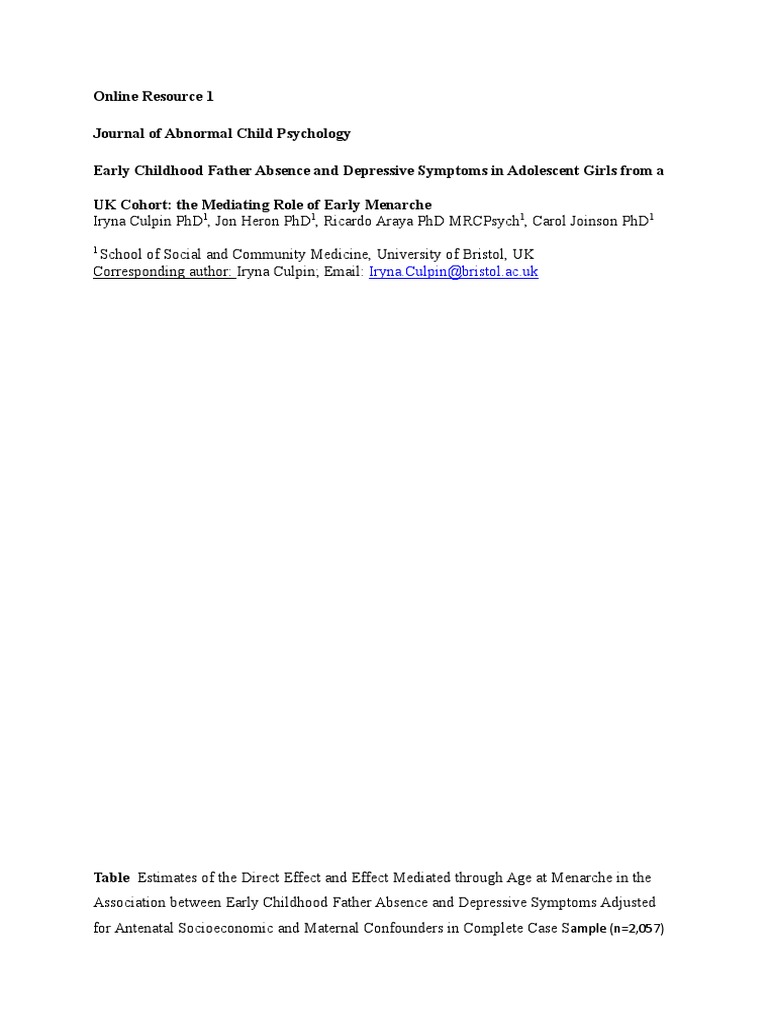 Father Absence and Adolescent Depression | PDF