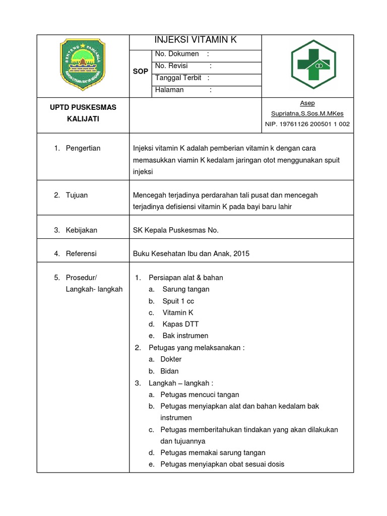 Sop Injeksi Vitamin K | PDF