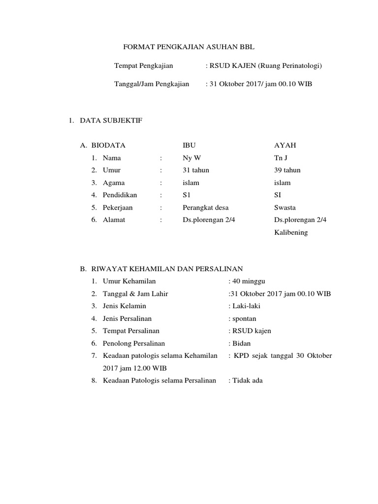Format Pengkajian Asuhan BBL | PDF