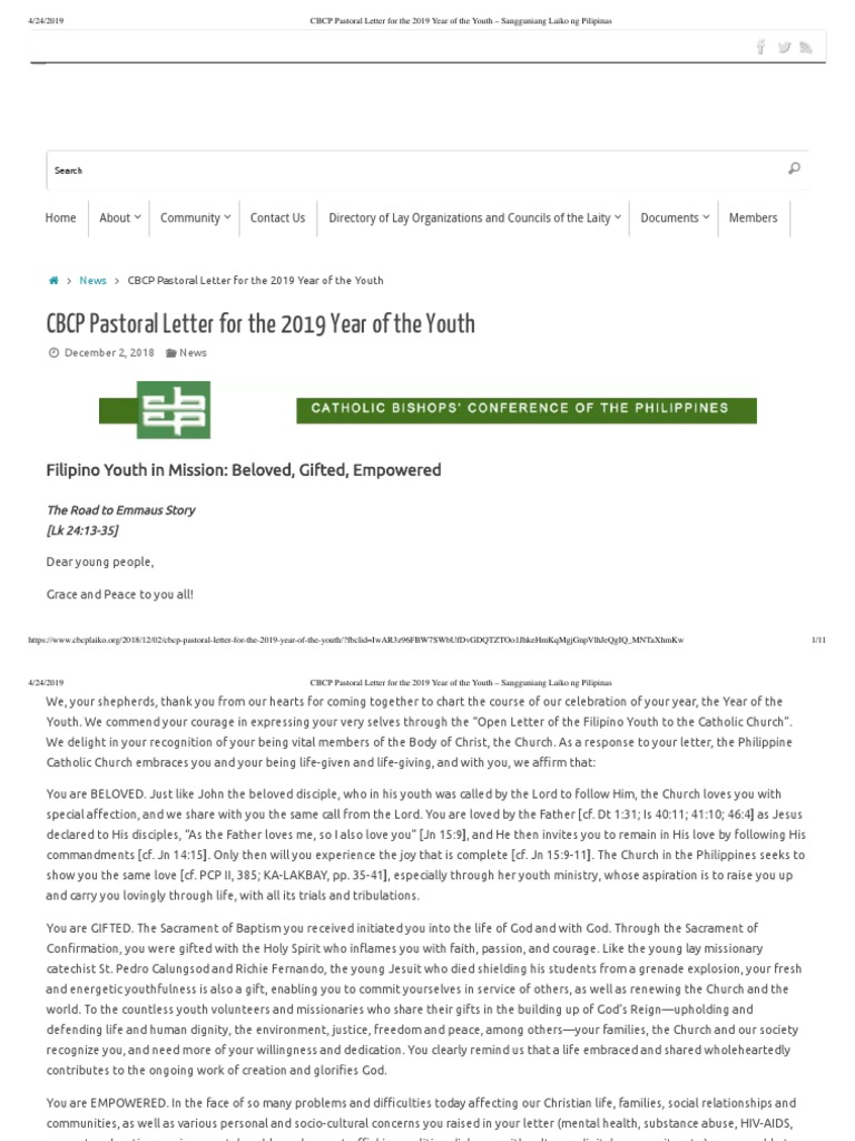 CBCP Pastoral Letter For The 2019 Year of The Youth | PDF | Catholic ...