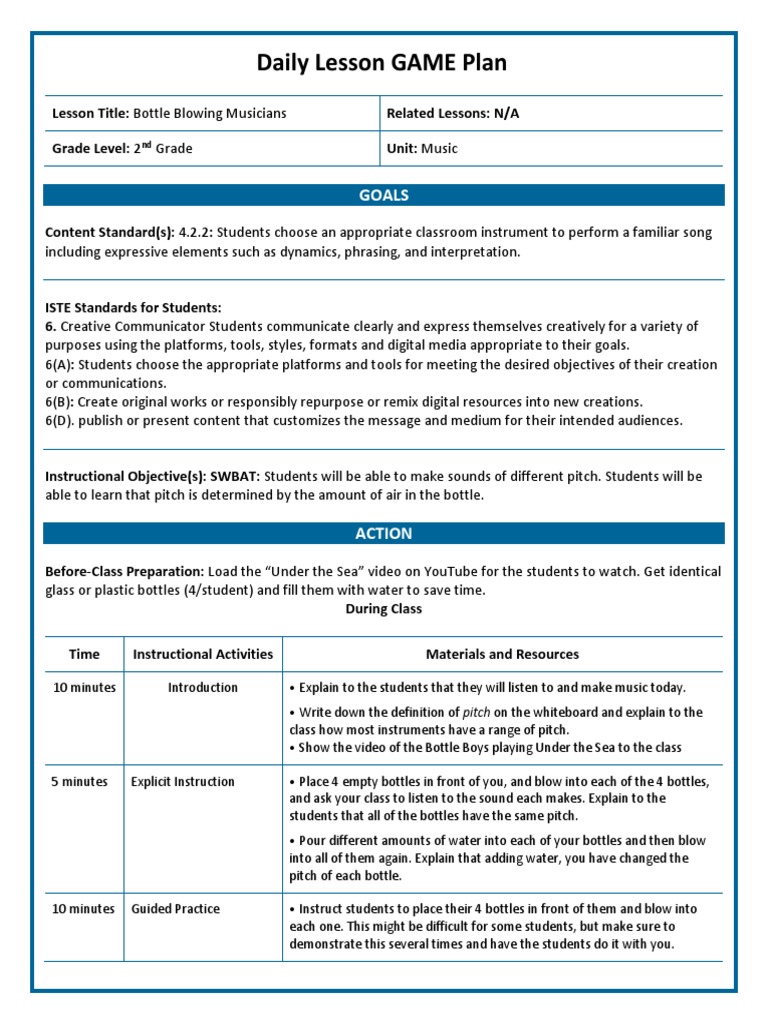 Daily Lesson GAME Plan: Goals | PDF | Pitch (Music) | Cognition