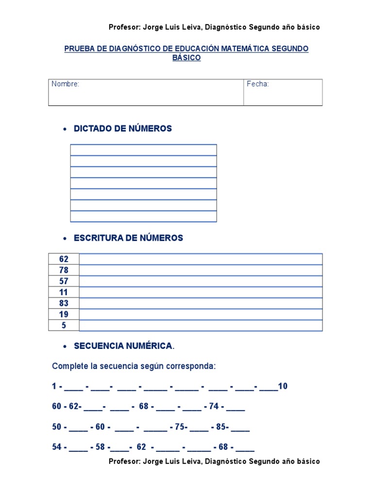 Prueba de Diagnostico de Educacion Matematica Segundo Basico | PDF