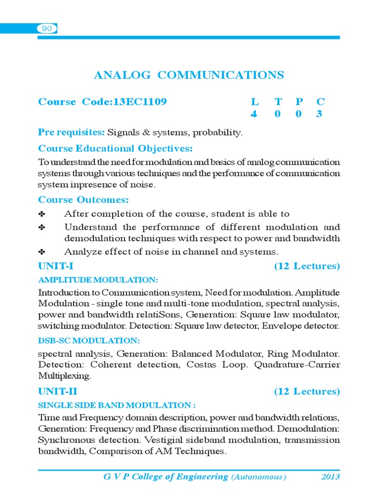 Analog Communications: Course Code:13EC1109 L TPC 4 0 0 3 | PDF ...