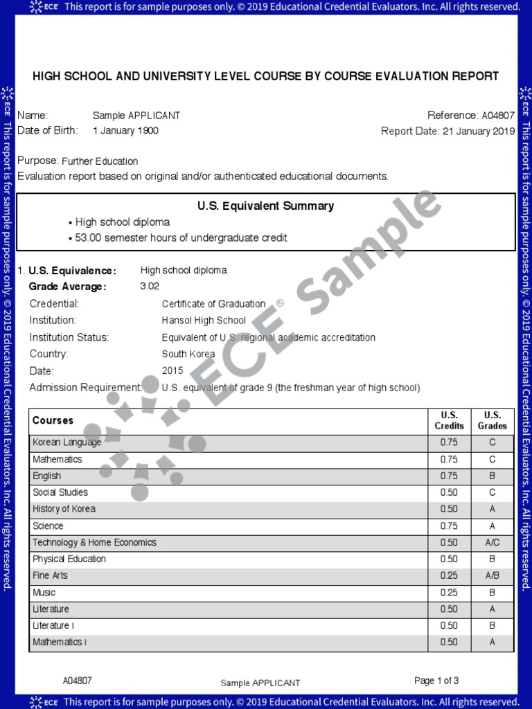 High School and University Level Course by Course Evaluation Report ...