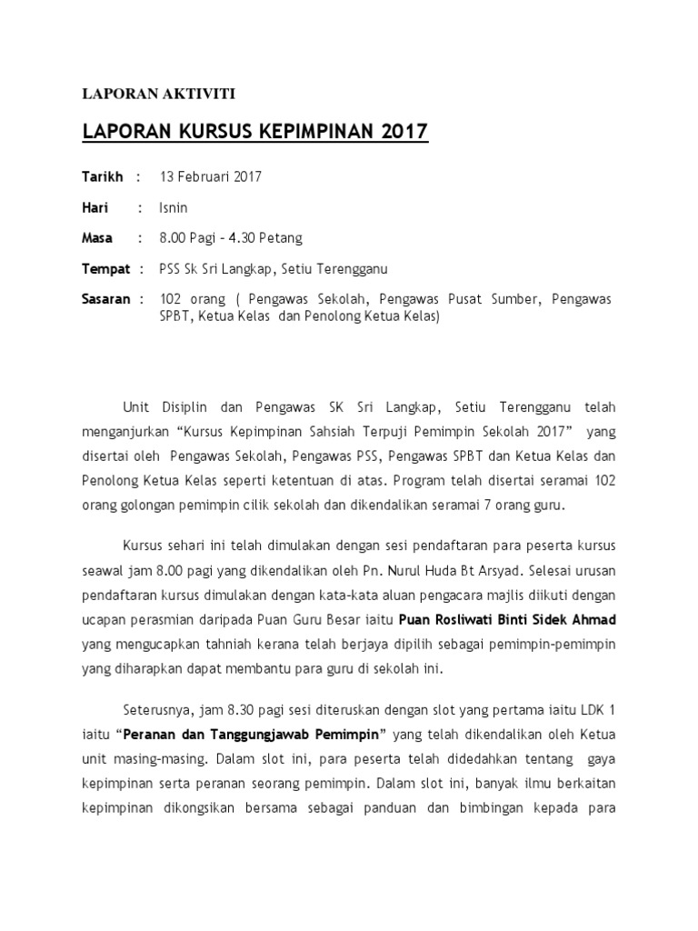 LAPORAN AKTIVITI Kursus Kepimpinan | PDF | Karier & Perkembangan | Kesehatan Holistik