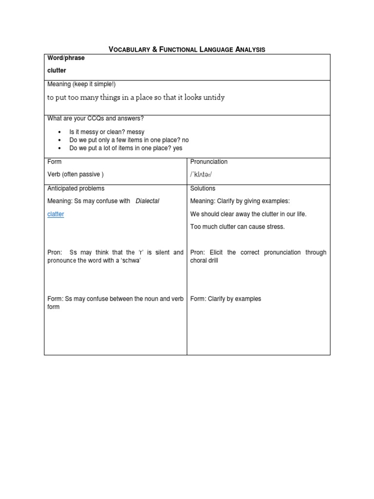 Vocabulary Analysis Sheet Celta Teaching Practice | PDF | English ...
