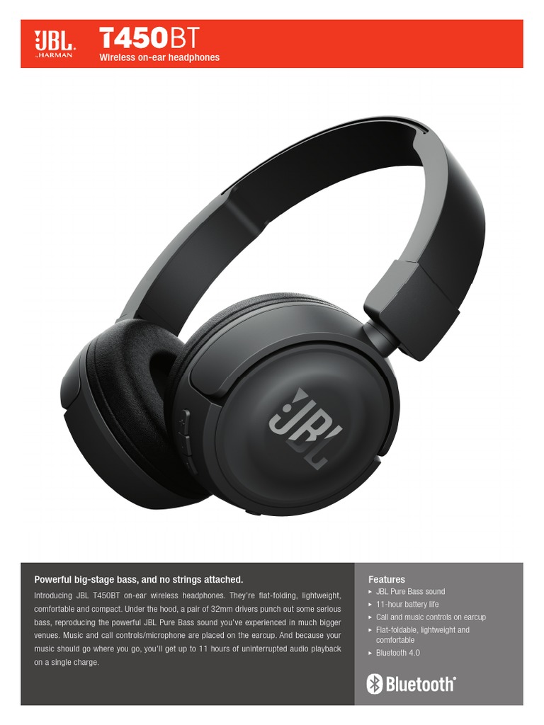 JBL - T450BT - Spec - Sheet - English PDF | PDF | Headphones | Bluetooth