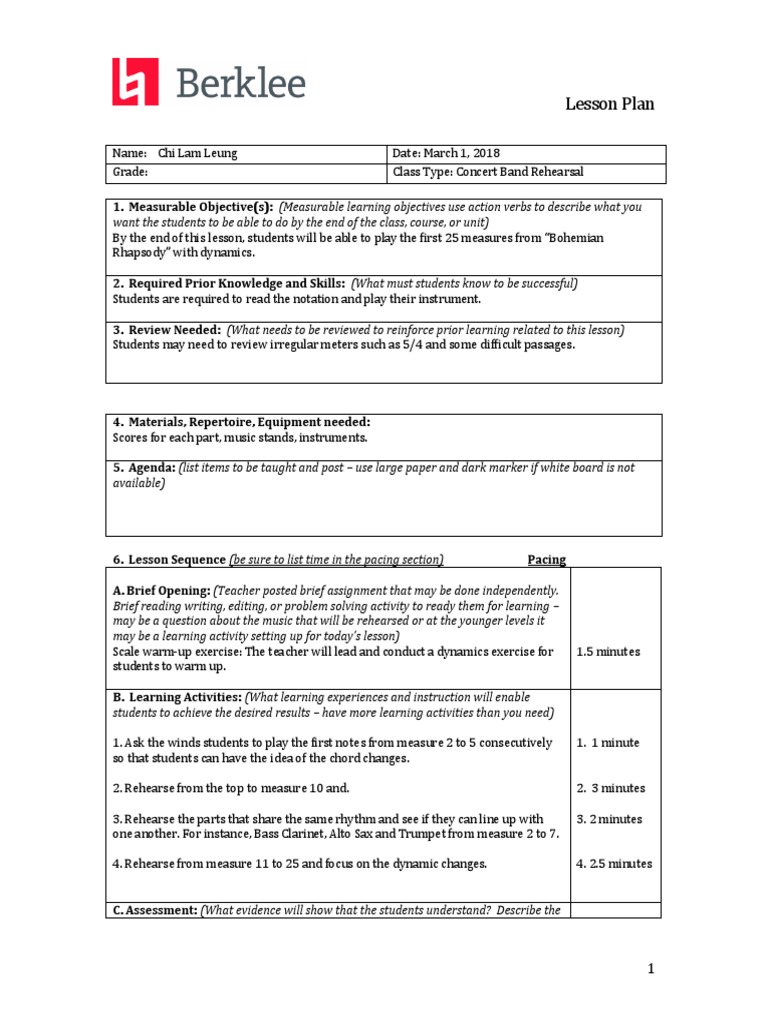 Instrumental Rehearsal Technique Lesson Plan | PDF | Lesson Plan ...