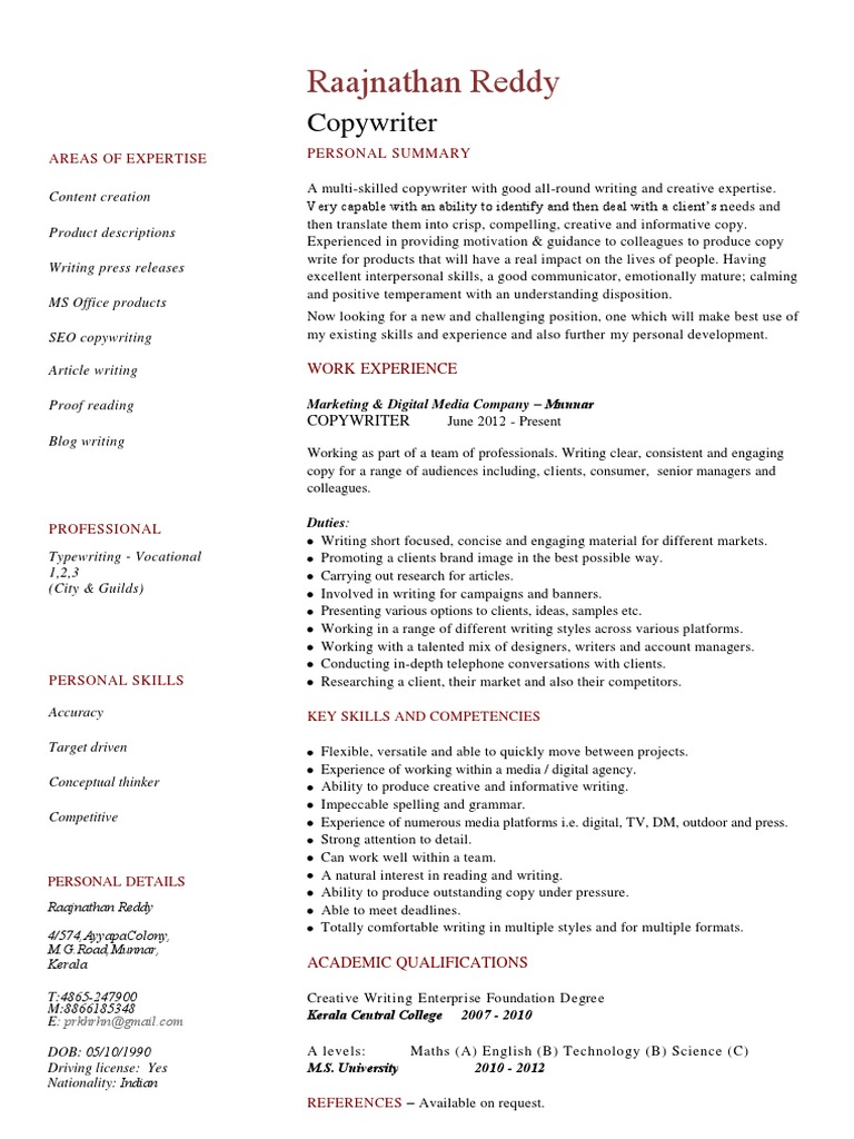 Copywriter CV Template | PDF | Copywriting | Mass Media
