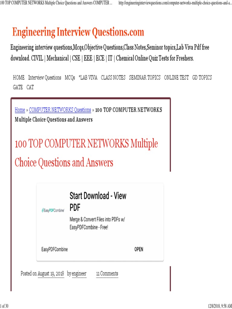 100 Top Computer Networks Multiple Choice Questions and Answers Computer Networks Questions ...