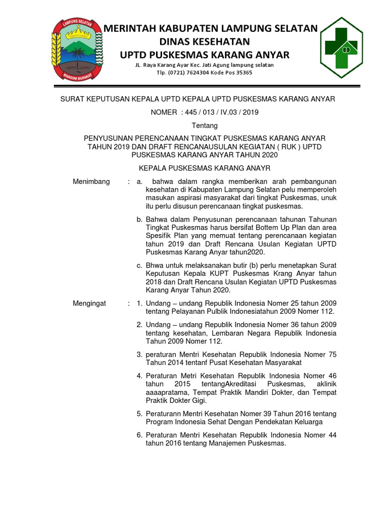 Surat Keputusan Kepala Uptd Kepala Uptd Puskesmas Karang Anyar | PDF