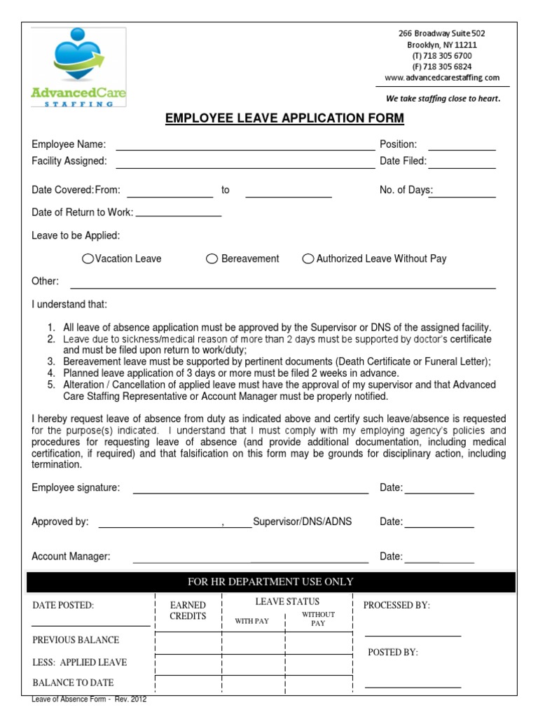 Employee Leave Application Form: 266 Broadway Suite 502 Brooklyn, NY ...