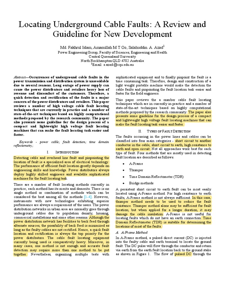 Locating Underground Cable Faults A Review and | PDF | Electrical ...