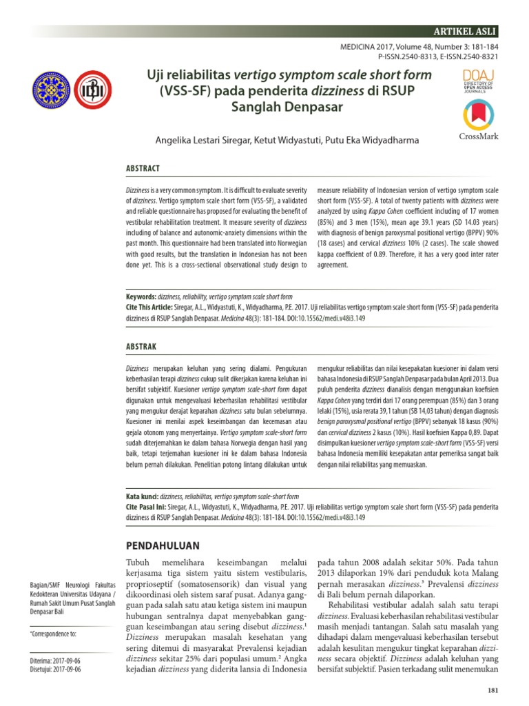 Uji Reliabilitas Vertigo Symptom Scale Short Form (VSS-SF) Pada ...