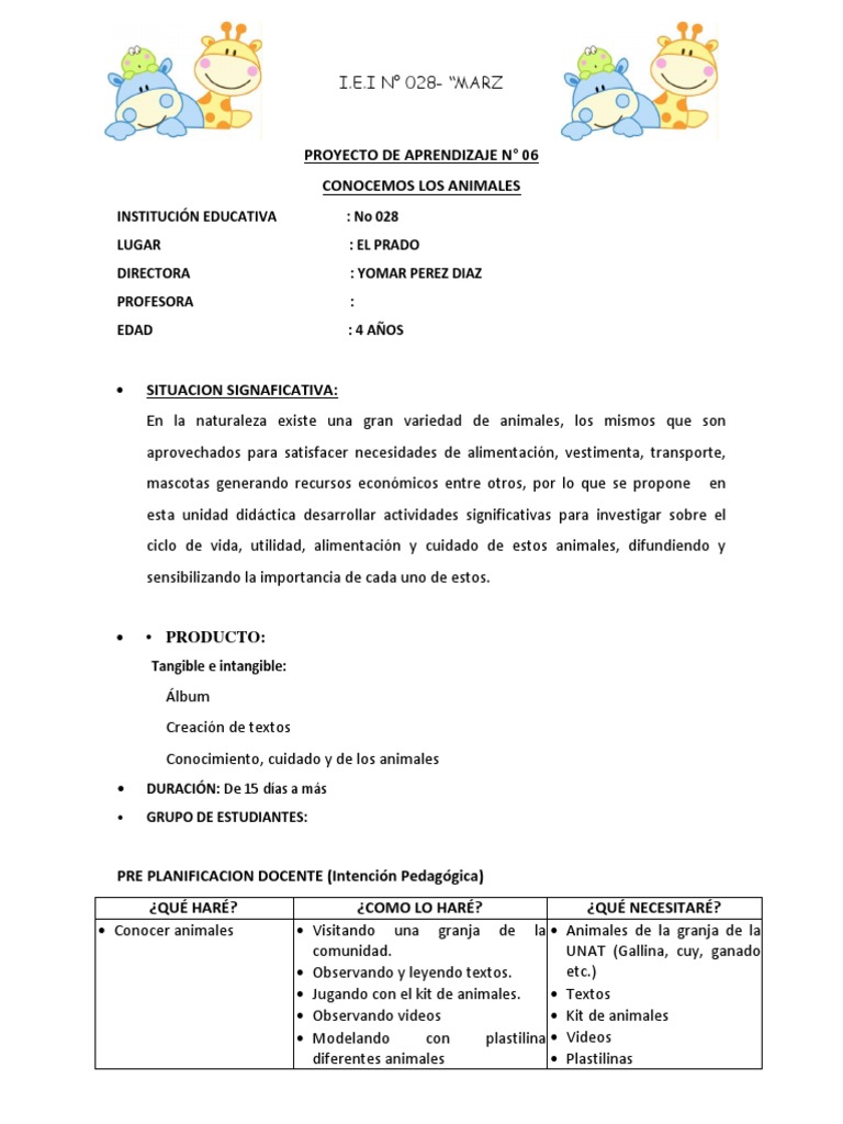 PROYECTO DE APRENDIZAJE Los Animales 2018 | PDF | Pollo | Aprendizaje