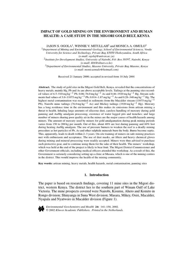 Impact of Gold Mining On The Environmentand Human Healtha Case Study in ...